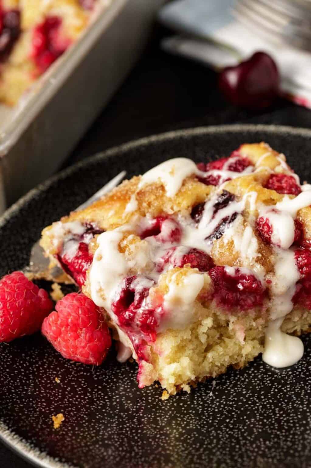 Fresh Cherry Coffee Cake with Raspberries - Butter & Baggage