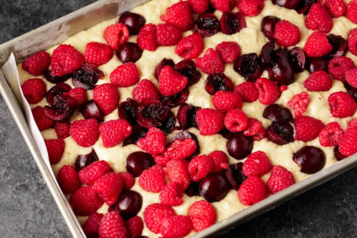 Fresh Cherry Coffee Cake with Raspberries - Butter & Baggage