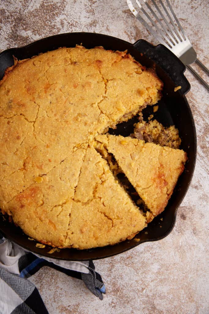 Cast Iron Cornbread with Sausage and Cheese - Butter & Baggage