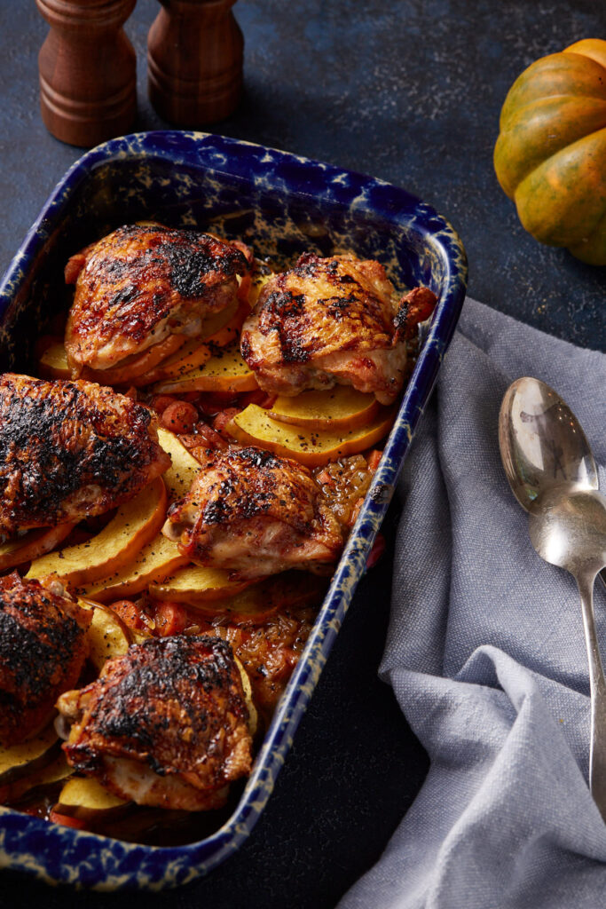One-Pan Maple Glazed Chicken and Acorn Squash Dinner- Butter & Baggage