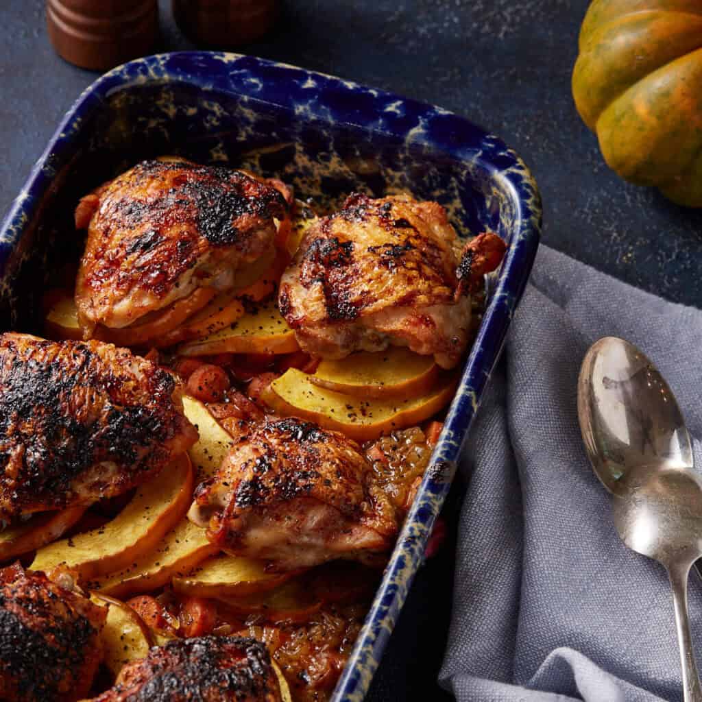 One-Pan Maple Glazed Chicken and Acorn Squash Dinner- Butter & Baggage