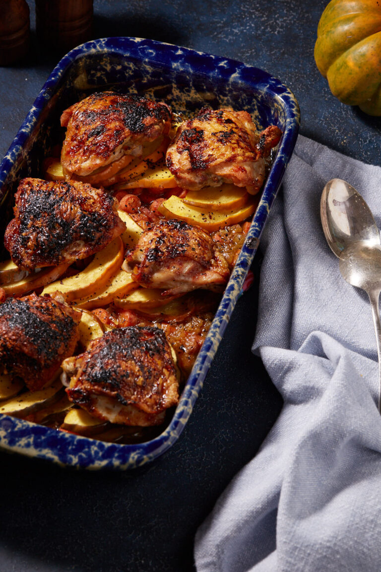 One-Pan Maple Glazed Chicken and Acorn Squash Dinner- Butter & Baggage