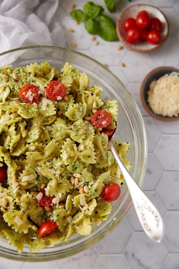 Bow Tie Pasta Salad with Basil Pesto - Butter & Baggage