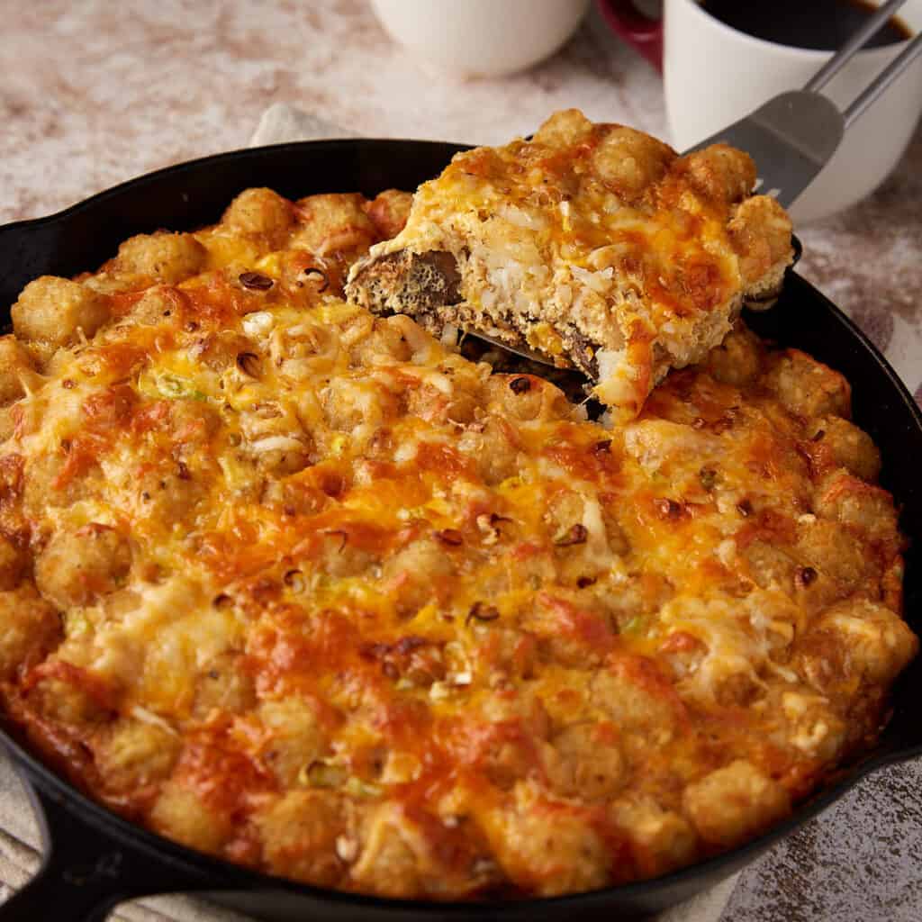 Cheesy Breakfast Skillet with Tater Tots and Sausage - Butter & Baggage