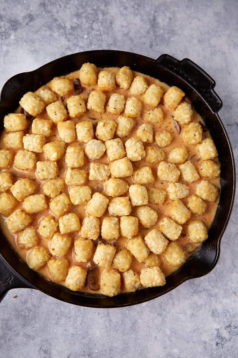 Cheesy Breakfast Skillet with Tater Tots and Sausage - Butter & Baggage