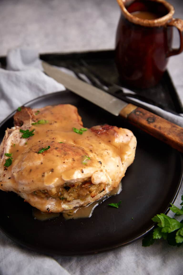 Juicy and Tender Stuffed Pork Chops With Herbed Stuffing and Gravy ...