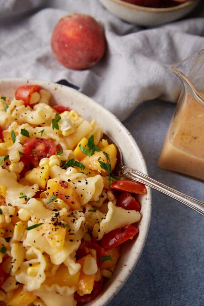 Summer Pasta Salad with Fresh Peaches - Butter & Baggage
