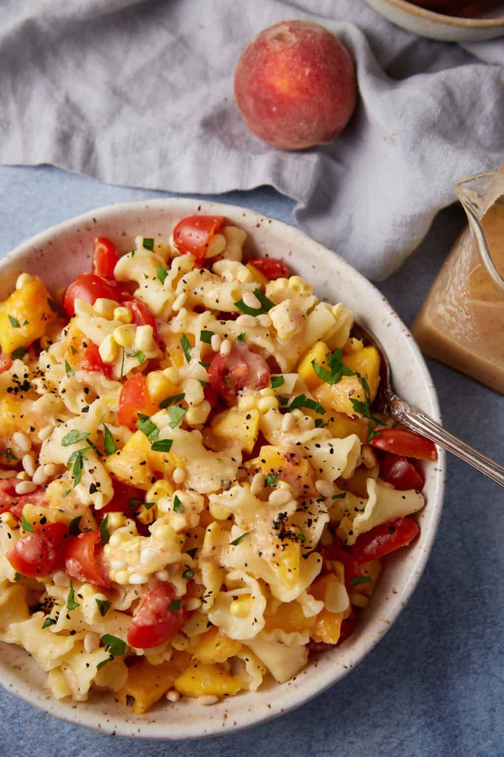 Summer Pasta Salad with Fresh Peaches - Butter & Baggage