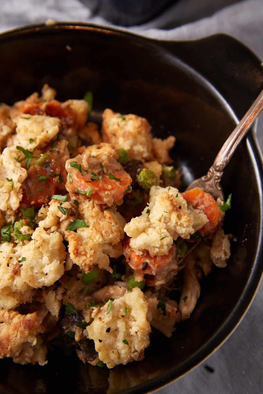 Chicken Pot Pie Casserole with Biscuit Crumbles - Butter & Baggage