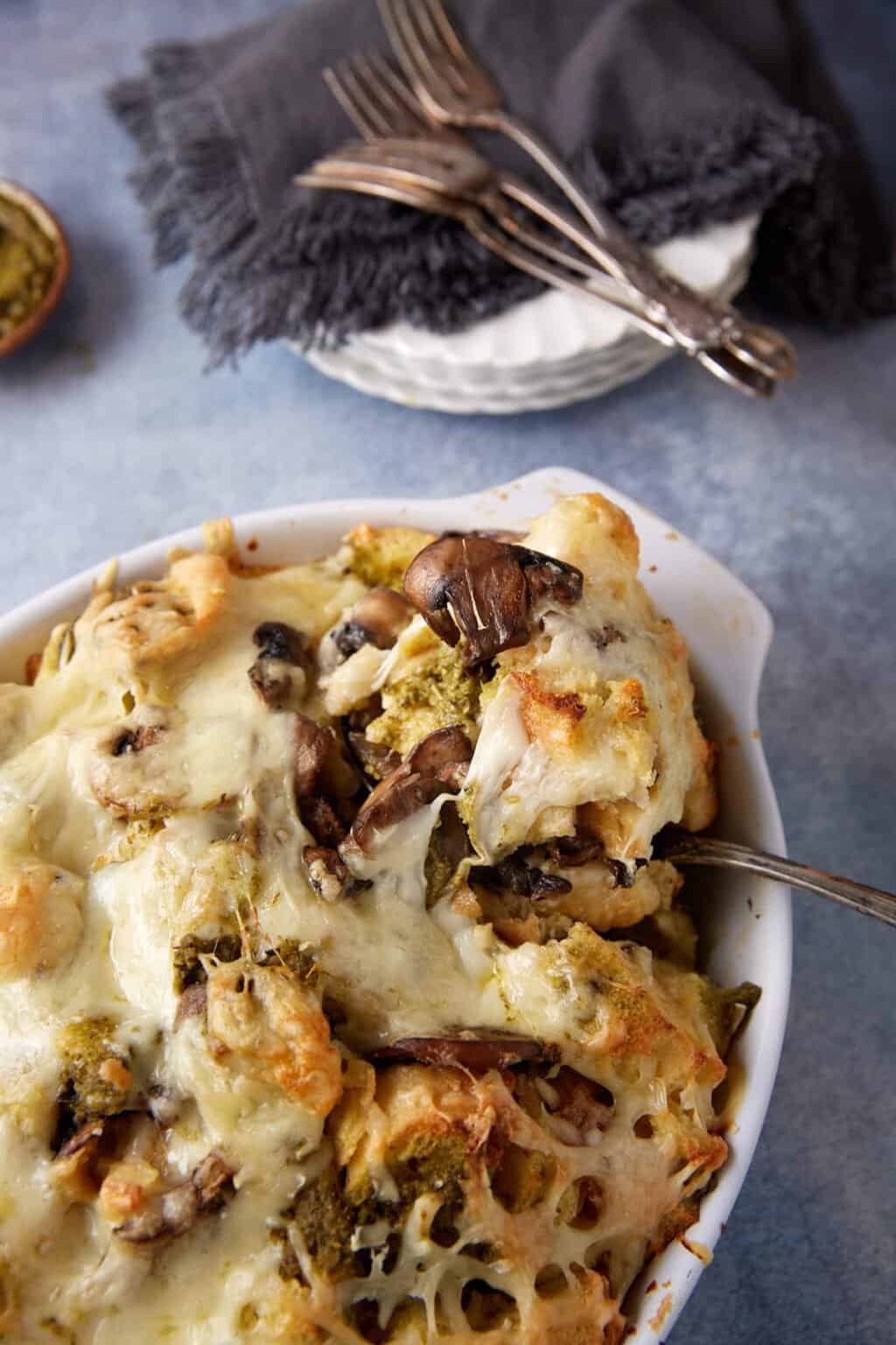 Savory Bread Pudding with Pesto and Mushrooms - Butter & Baggage