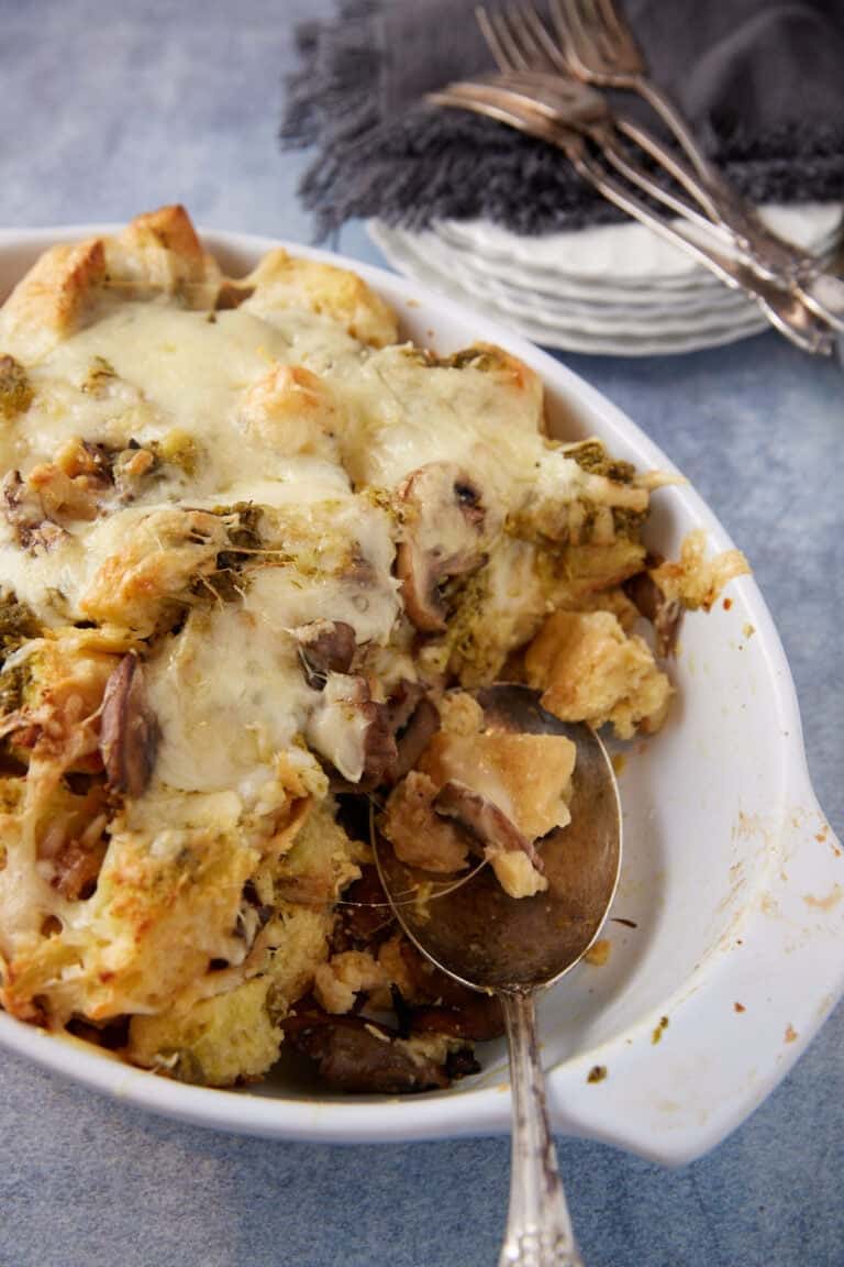 Savory Bread Pudding with Pesto and Mushrooms - Butter & Baggage